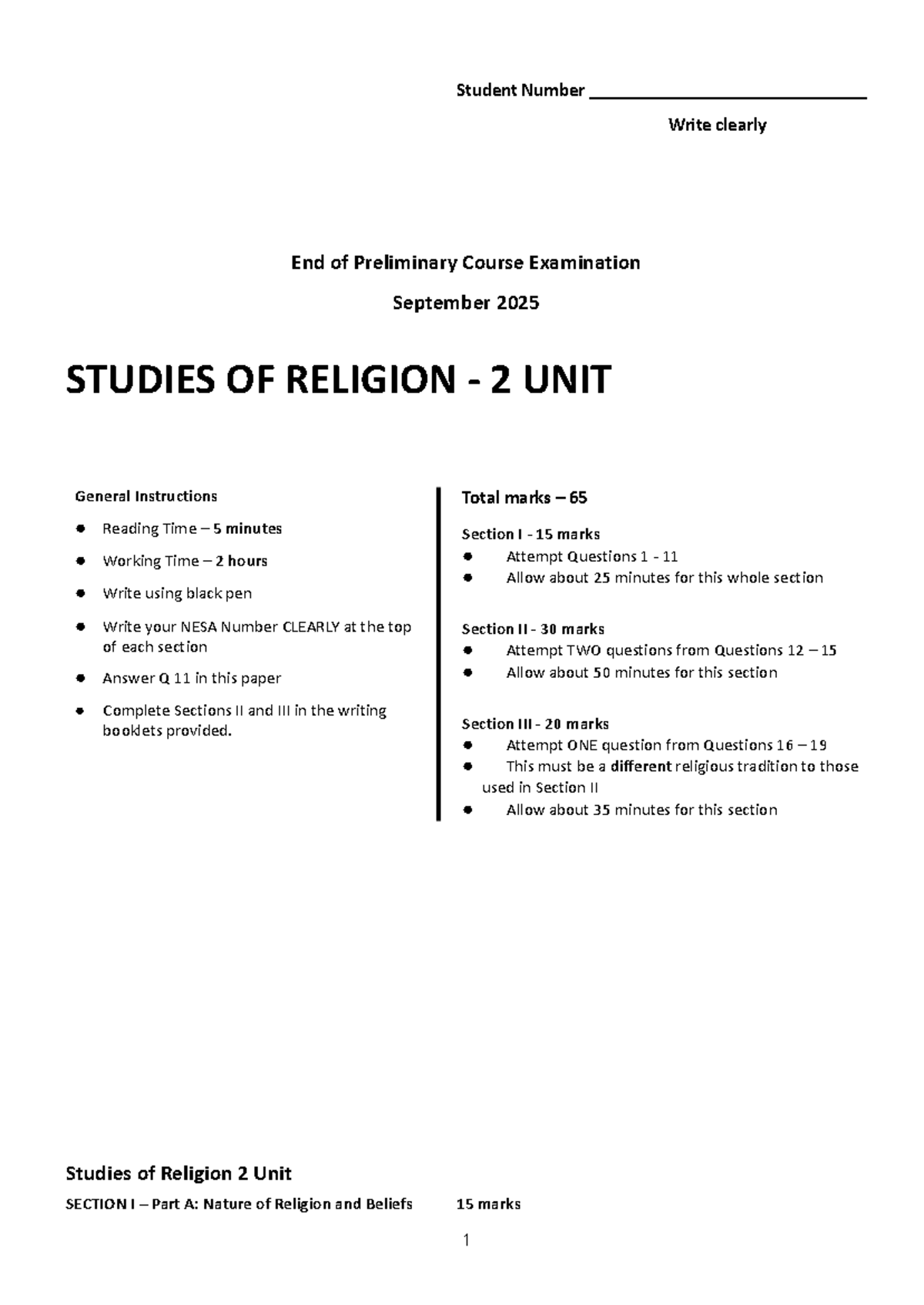 HS 2 Unit End of Preliminary Exam September 2025 - Studies of Religion ...