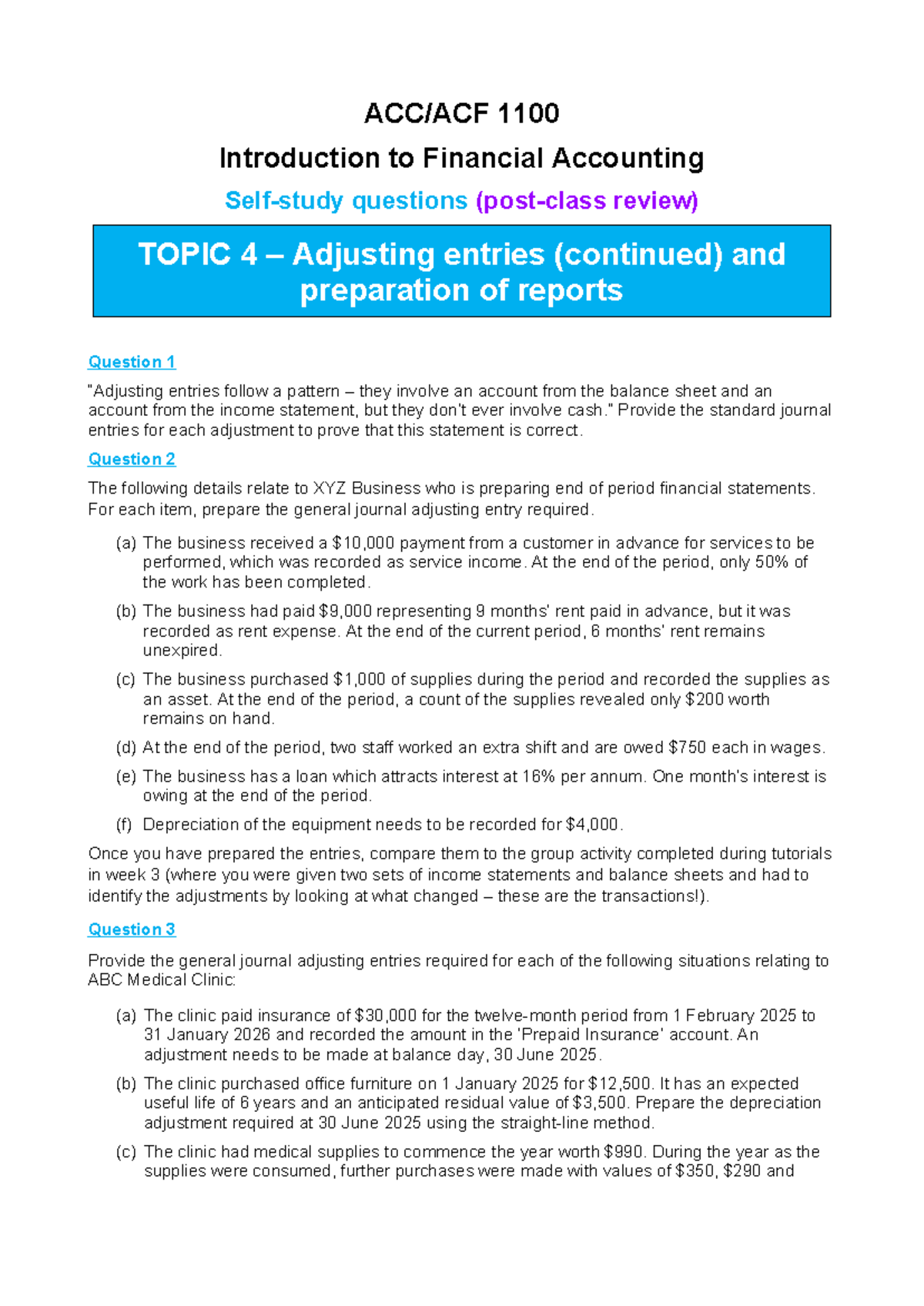 Week 4 Self Study Review Questions (Topic 4) for ACC 1100 - Studocu
