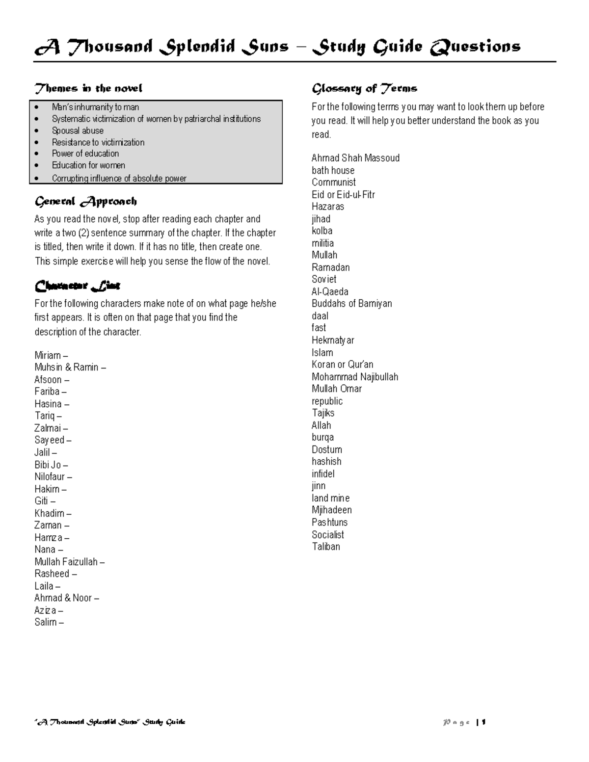 ATSS – A Thousand Splendid Suns Study Guide Questions and Themes - Studocu