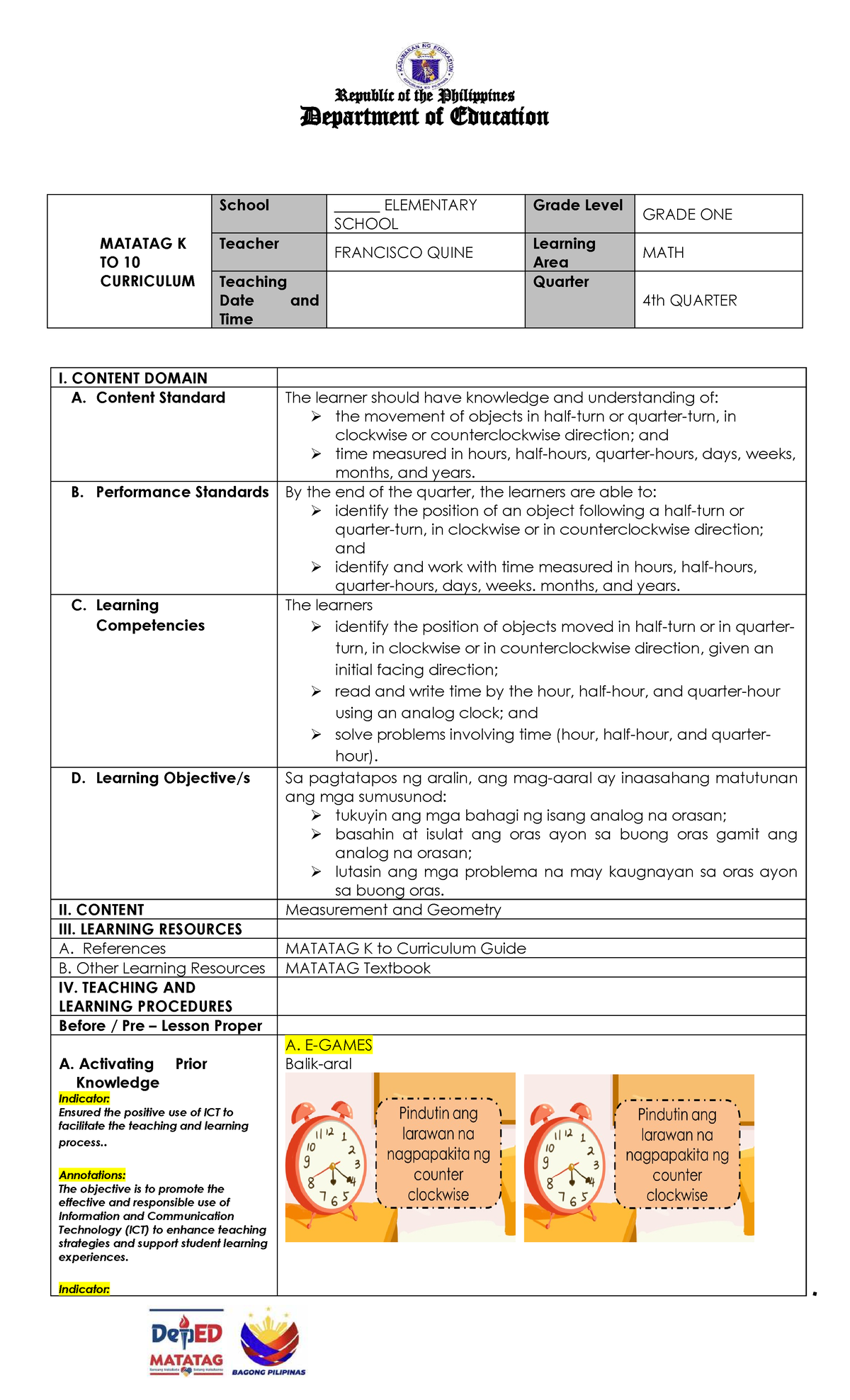 Lesson Plan for Grade 1 Math (4th Quarter) - MATATAG K to 10 Curriculum ...