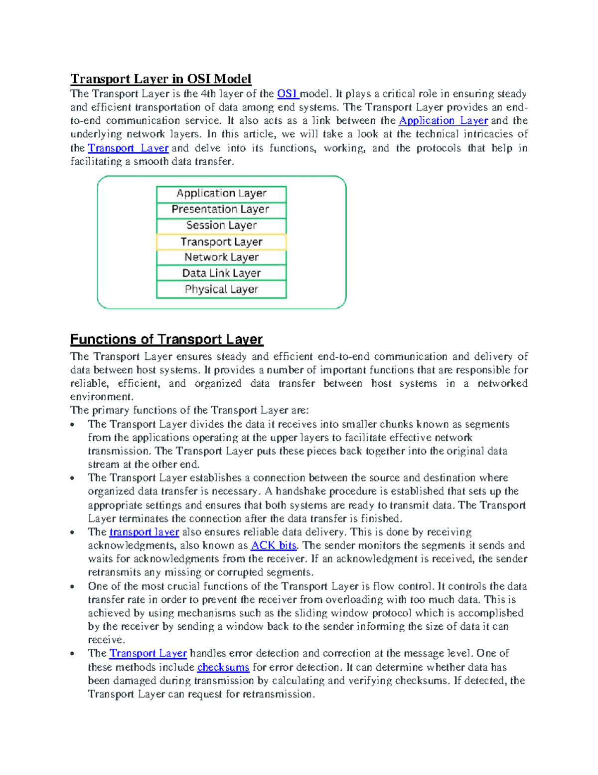 Transport Layer Functions and Protocols in OSI Model - CN Unit 5 - Studocu