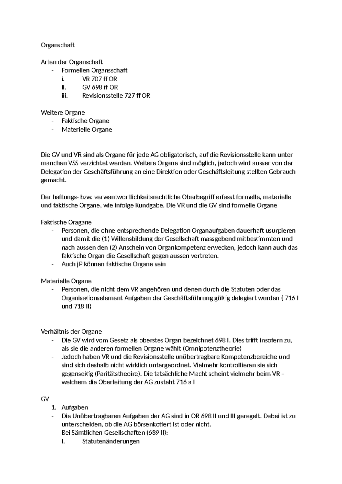 Organschaft und ihre Arten: Formelle und Faktische Organe (VR 707 ff OR ...