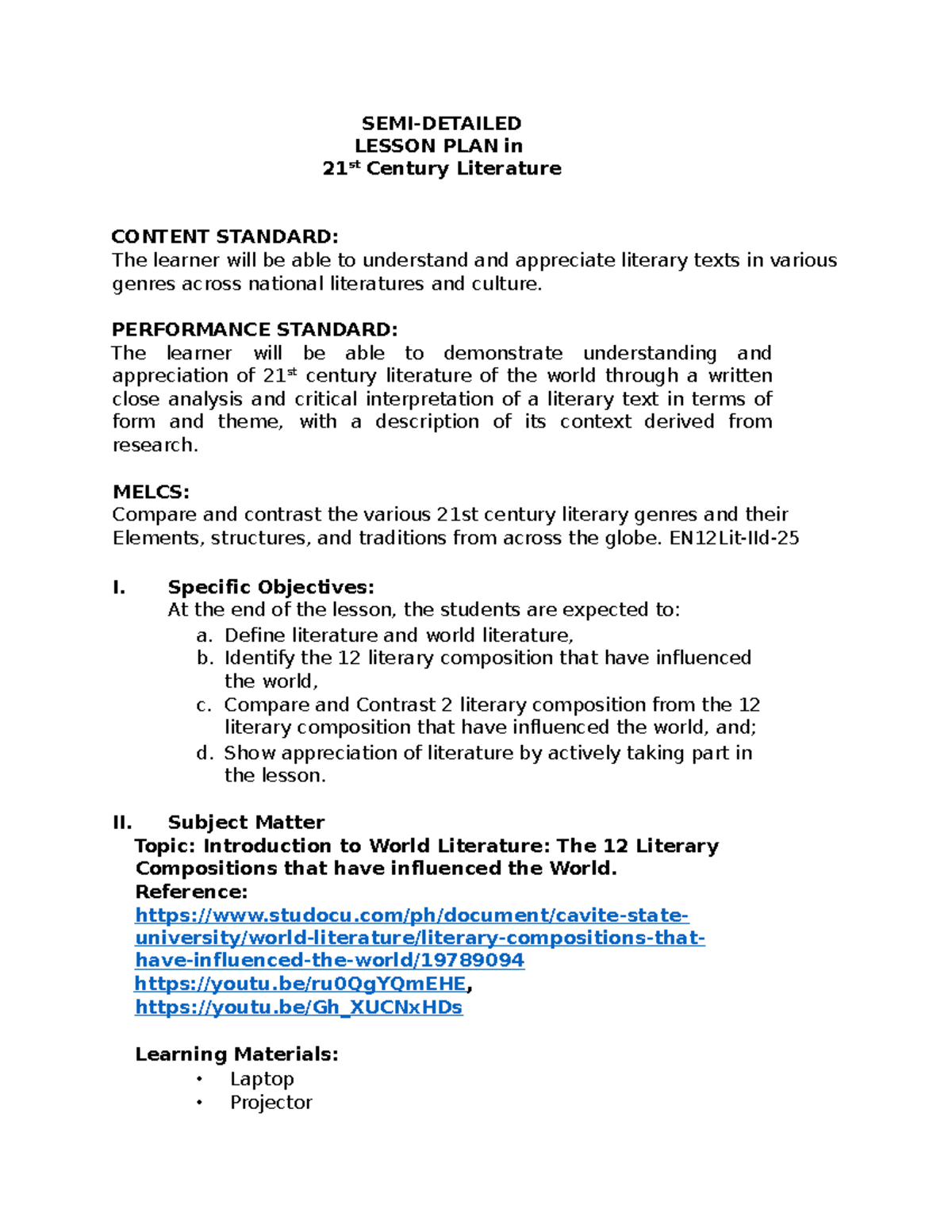 EN12Lit-IId: Intro to 21st Century World Literature - Lesson Plan - Studocu