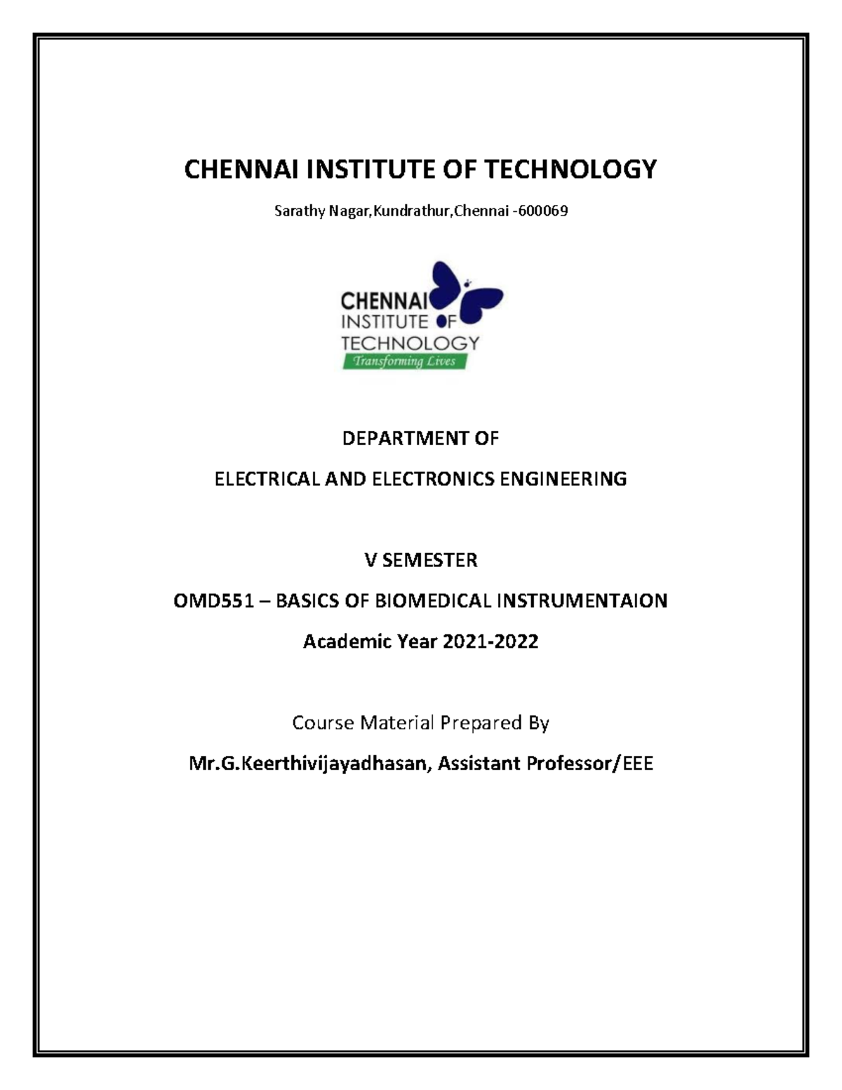 06 BBI UNIT 1 Notes 1 - CHENNAI INSTITUTE OF TECHNOLOGY Sarathy Nagar ...