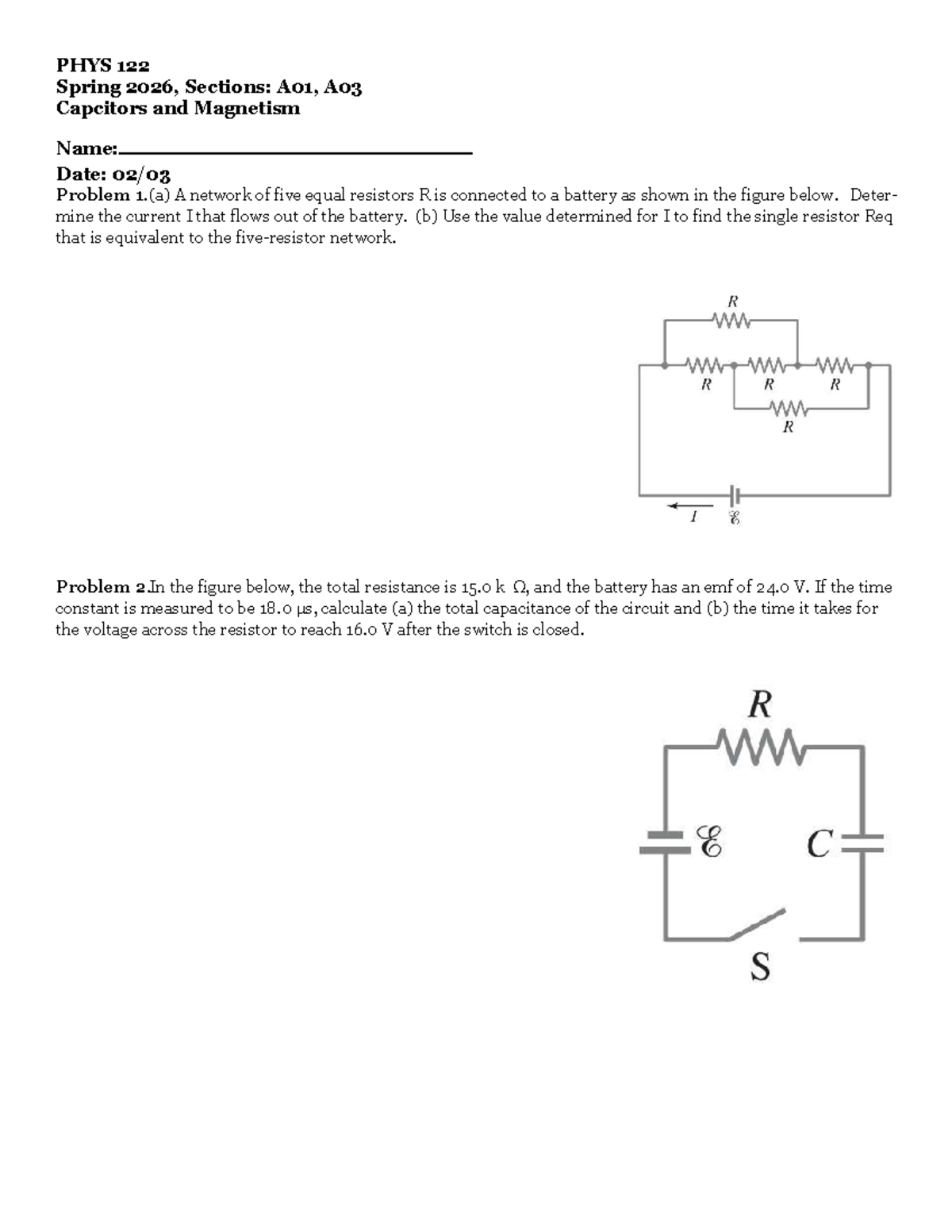 PHYS 122 Spring 2026: Worksheet 11 - Capacitors & Magnetism Practice ...