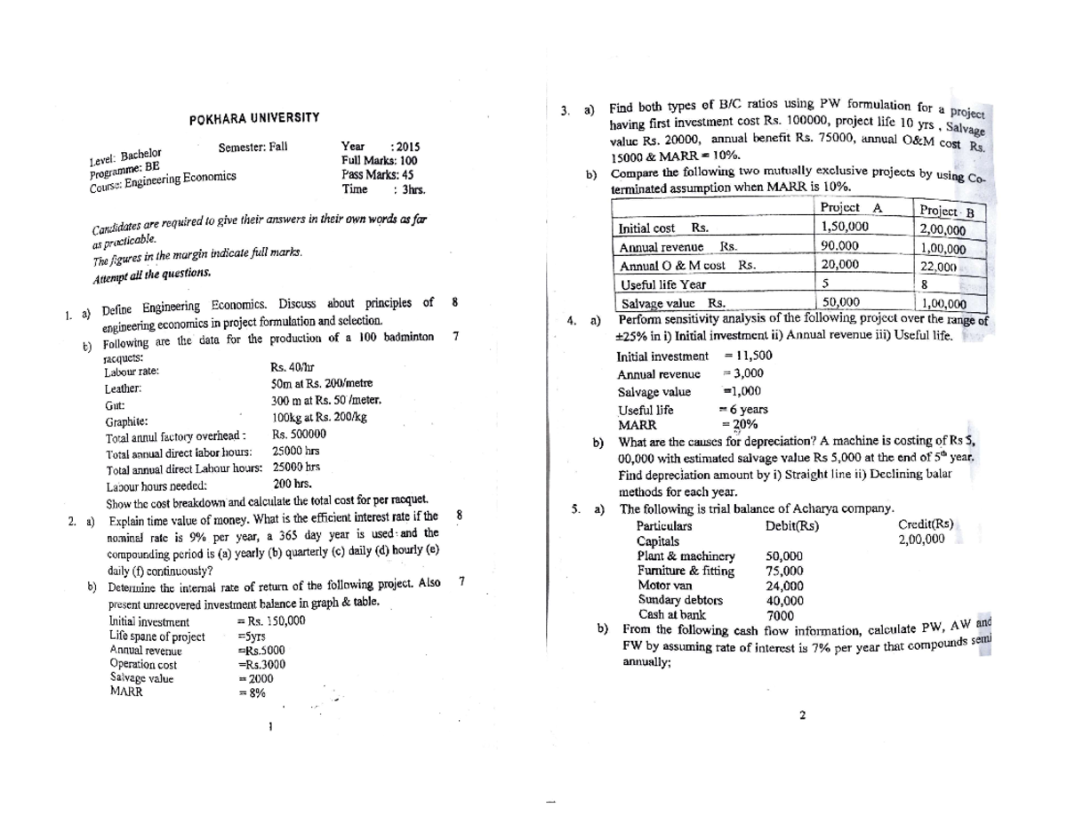 Engineering Economics Past Papers: Analysis and Project Evaluation (BE ...