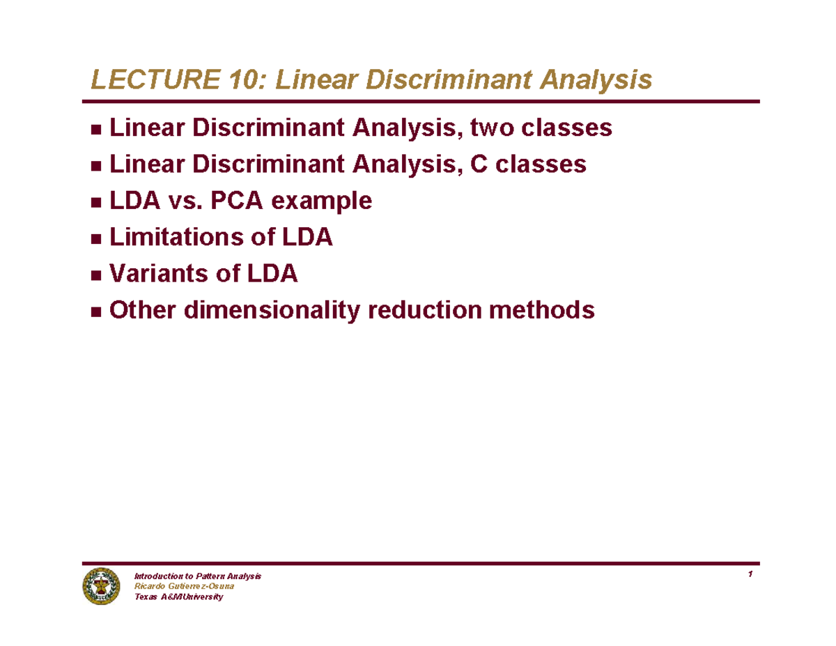LECTURE 10: Linear Discriminant Analysis (LDA) Overview and Applications - Studocu