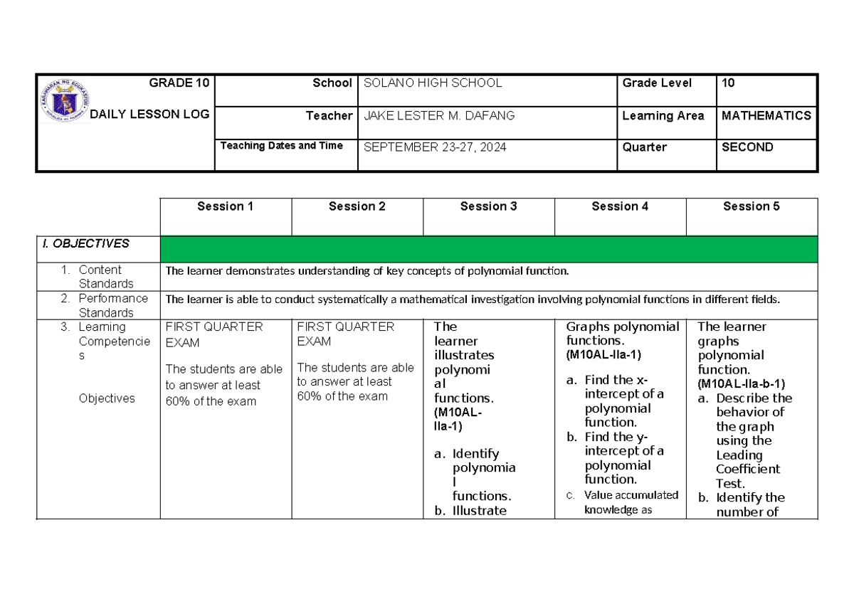 Grade 10 Q2 WEEK 1 DLL: Polynomial Functions Lesson Plan - Studocu