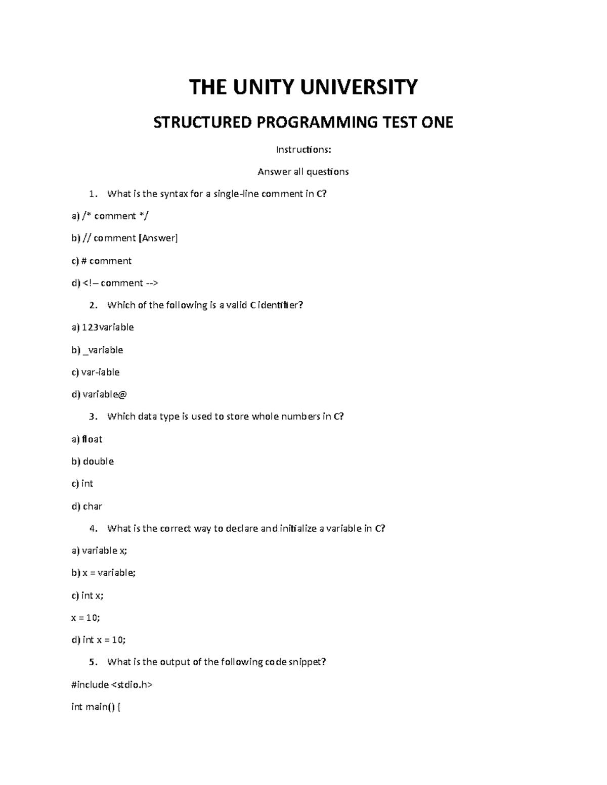 C Programming - Structured Test One (TEST 101) - Studocu