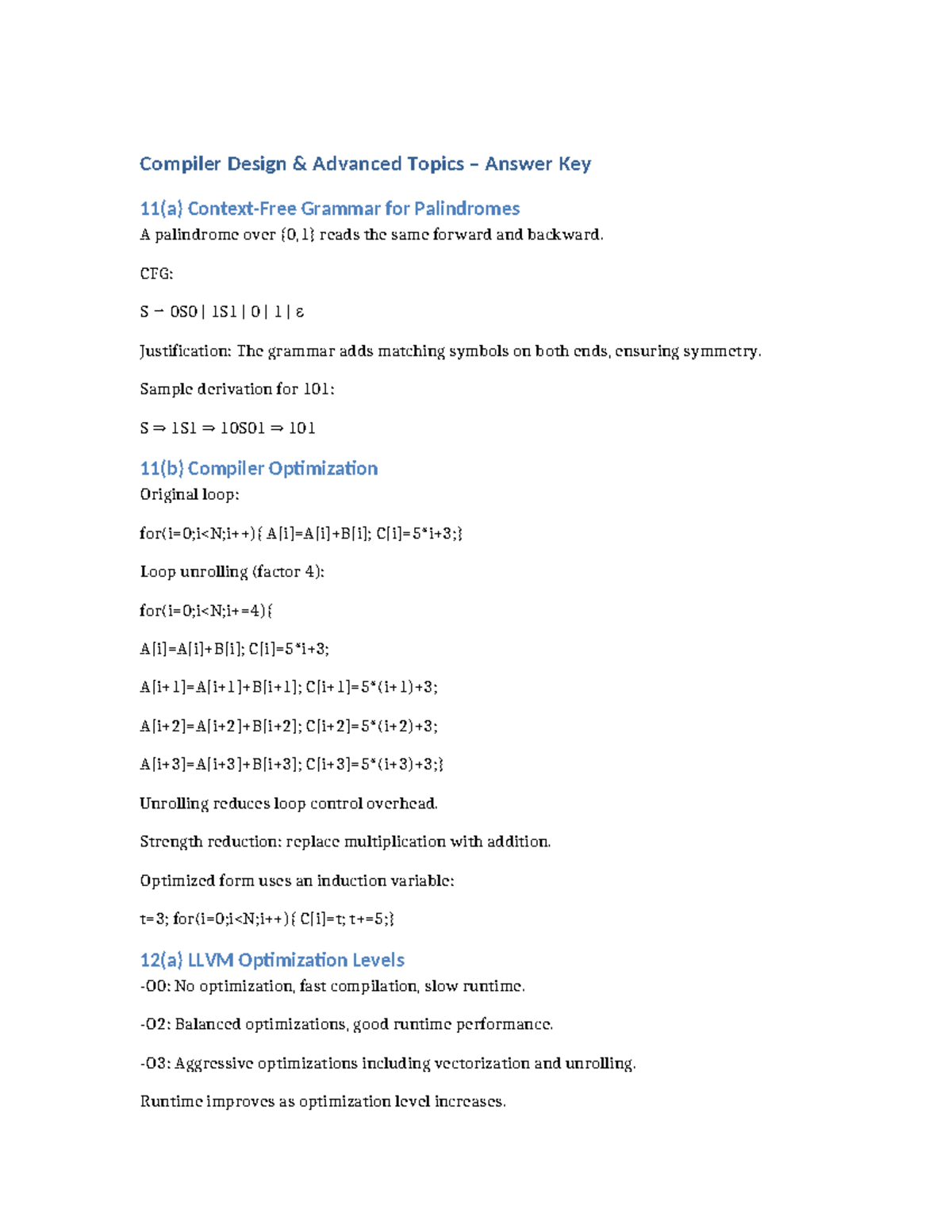 Compiler Design Advanced Topics Answer Key: Palindromes & Optimizations ...