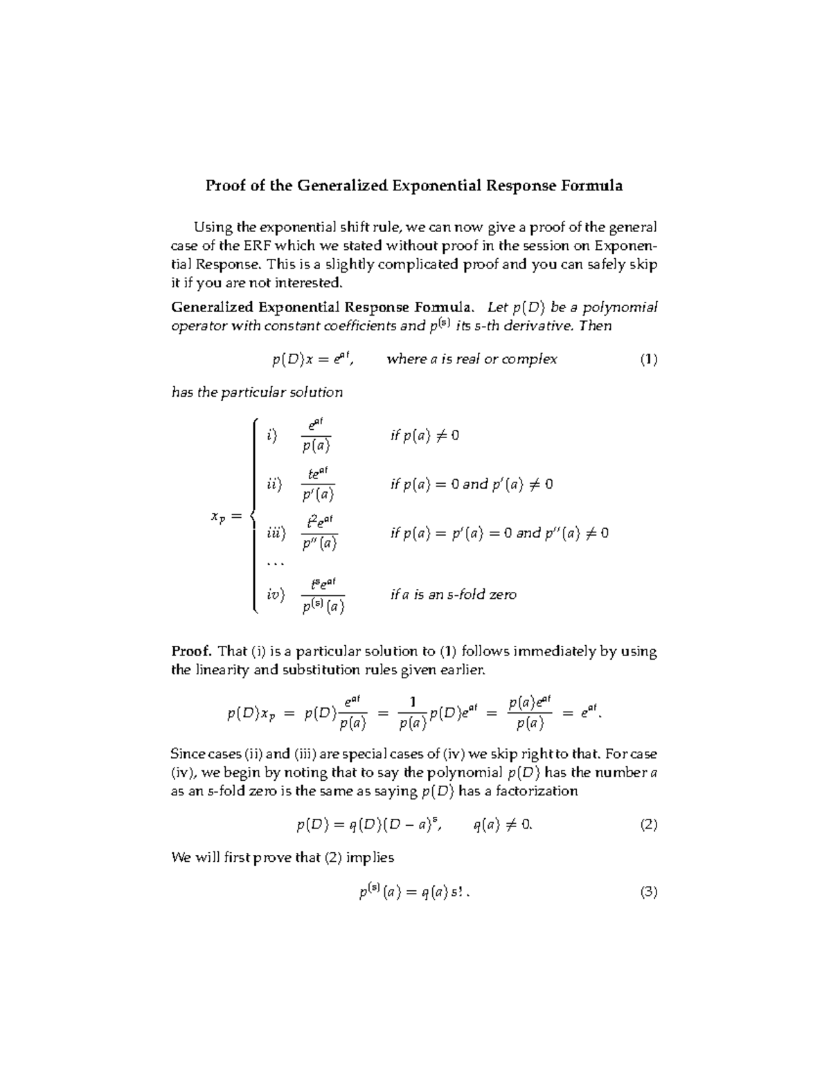 Math 33B - Professor Hyunki - Proof - Proof of the Generalized Exponential Response Formula ...
