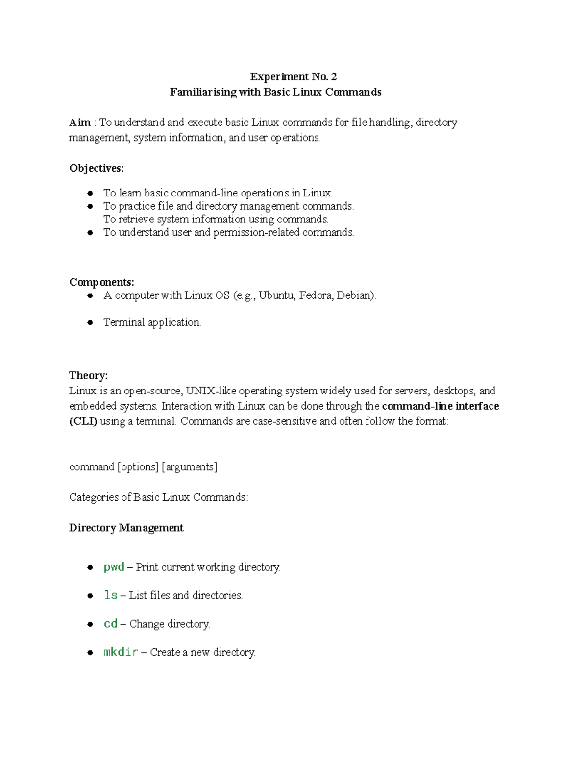 ITLAB EXP2: Basic Linux Commands Overview and Practice - Studocu