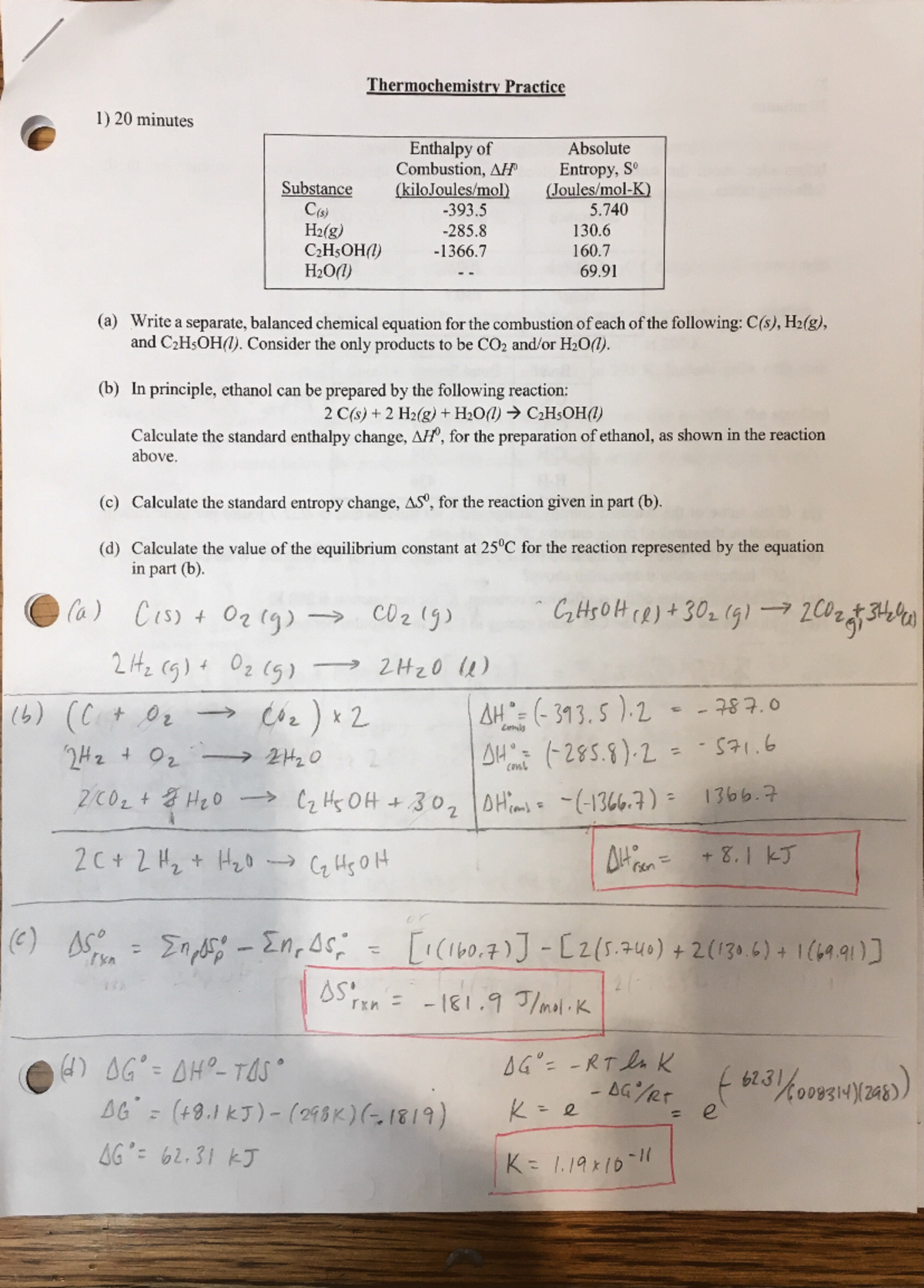Thermo Practice Solutions - Thermochemistry Practice 1) 20 minutes ...