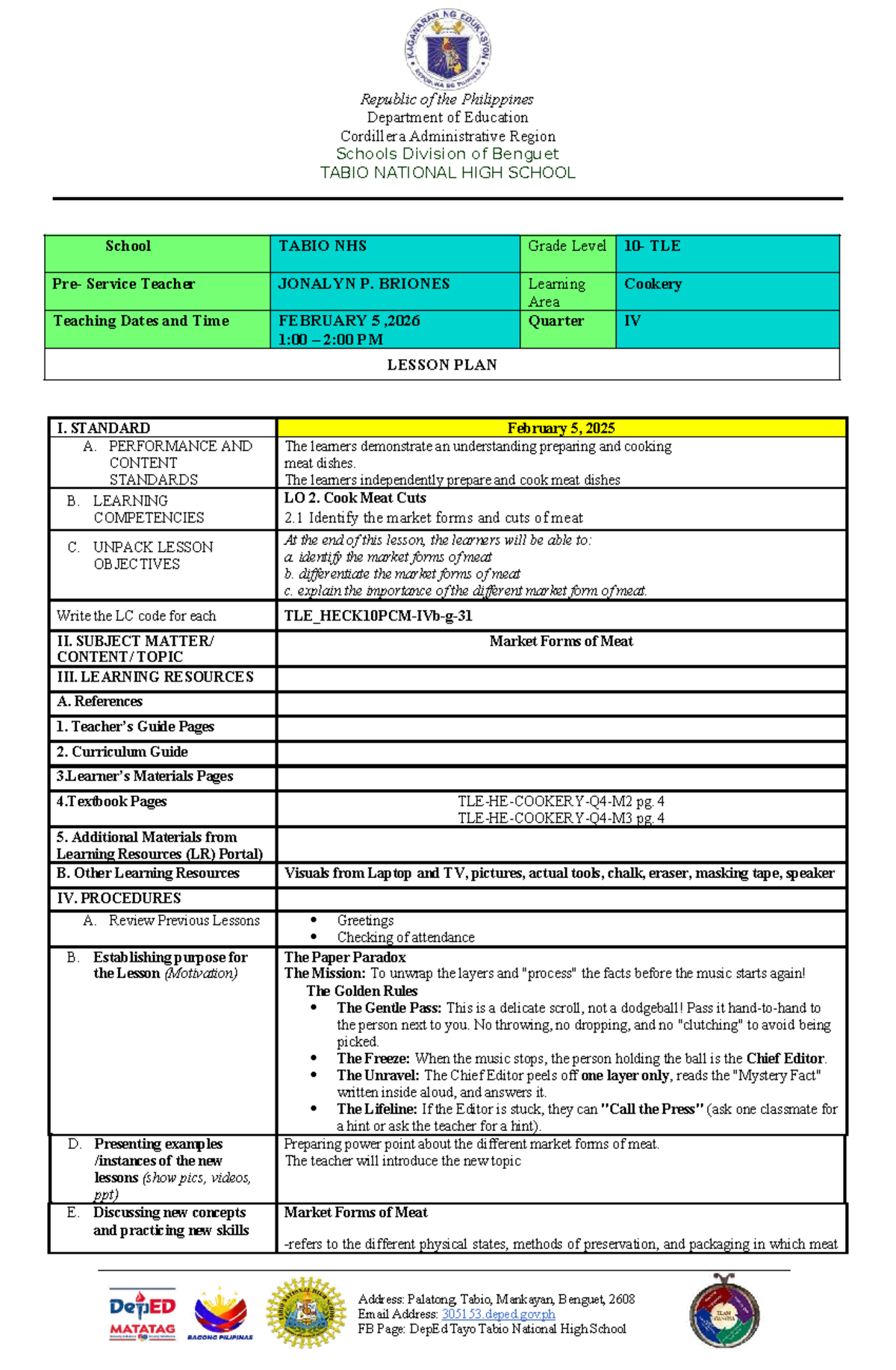 TLE 10: Lesson Plans on Meat Cuts and Cooking Methods (Feb 2025) - Studocu