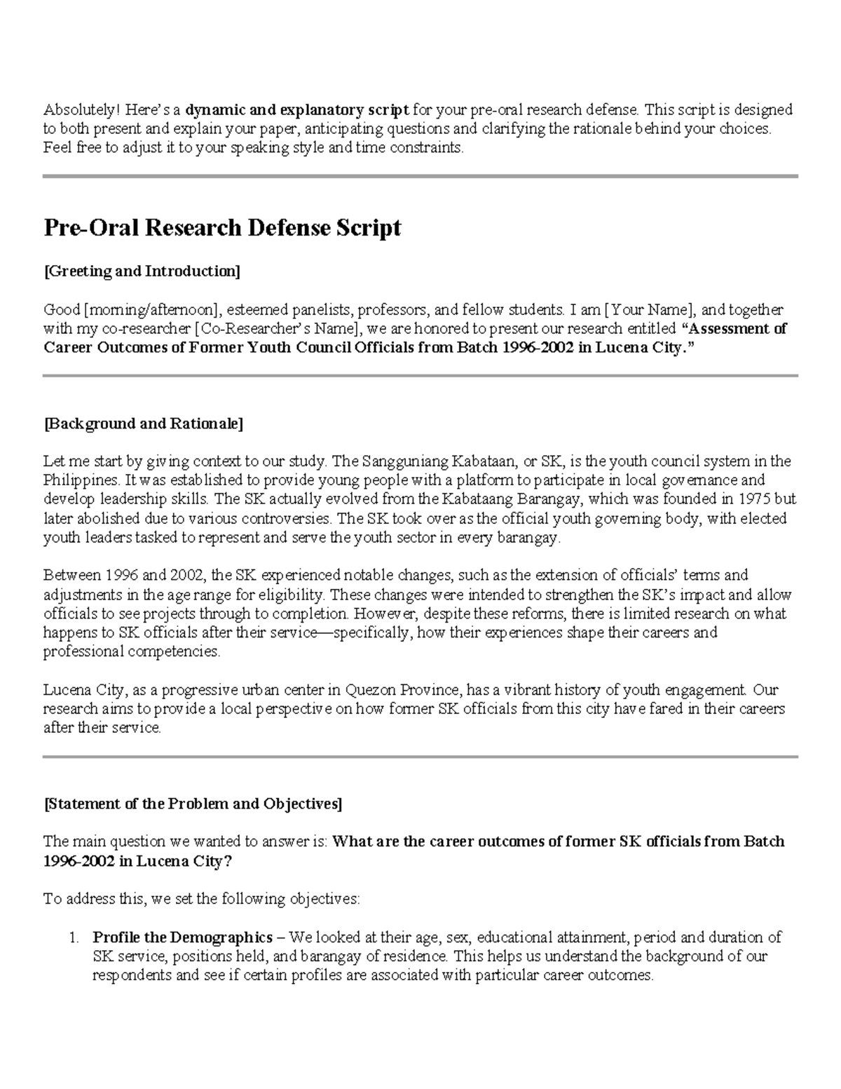 Research Defense Script: Career Outcomes of Former SK Officials in ...
