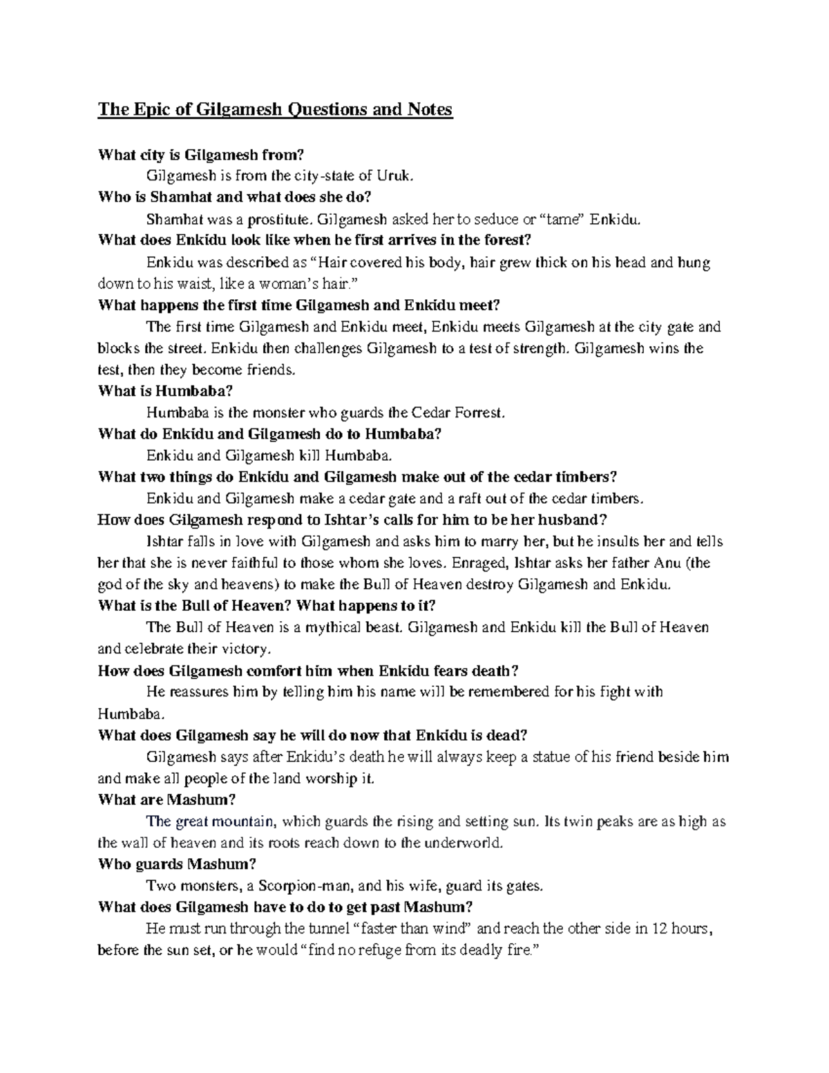Epic of Gilgamesh Questions+Notes - The Epic of Gilgamesh Questions and ...