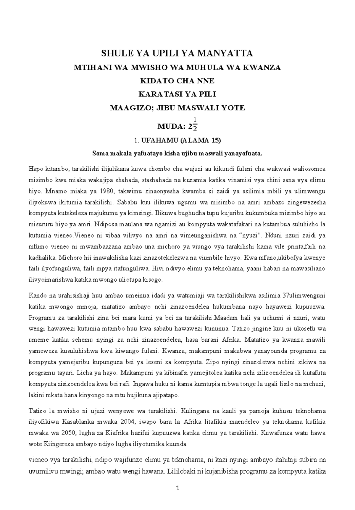 Mtihani wa Mwisho wa Muhula wa Kwanza - Kidato cha Nne KIS PP2 F4 - Studocu