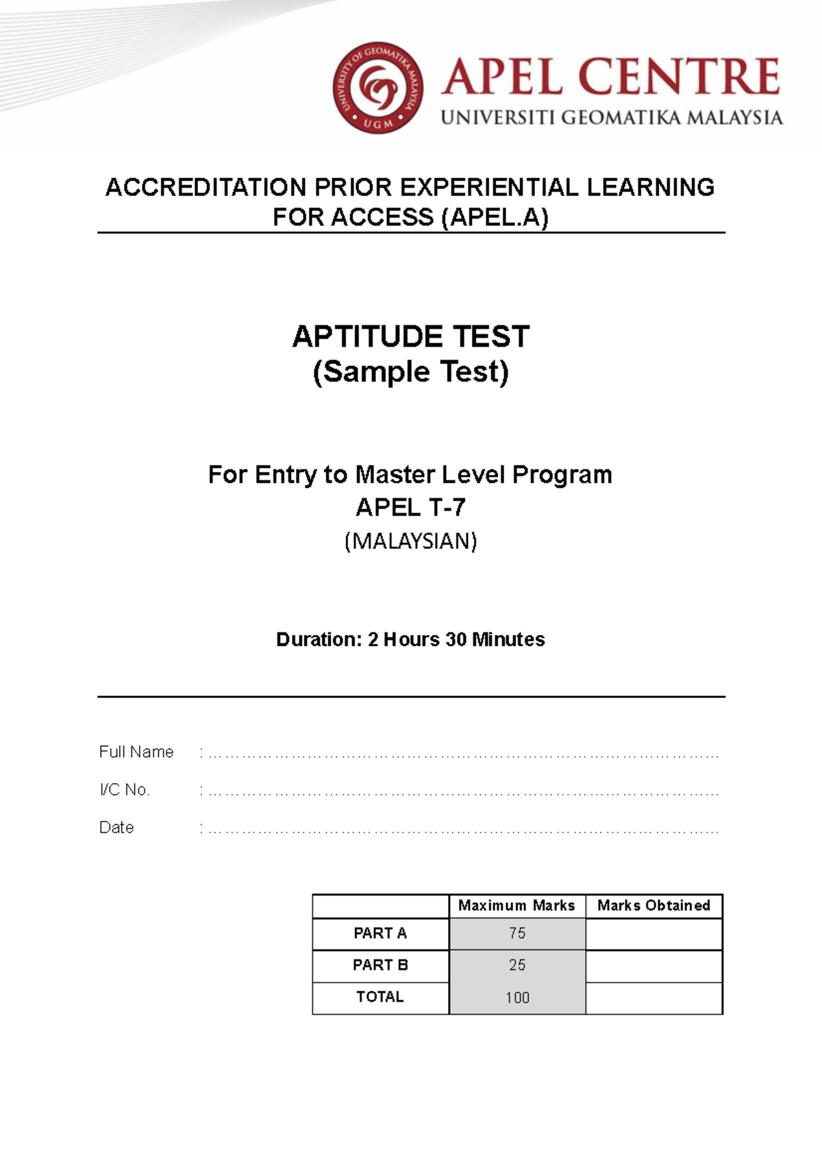 710959862 - APEL Sample Test for Master Entry in Malaysia - Studocu
