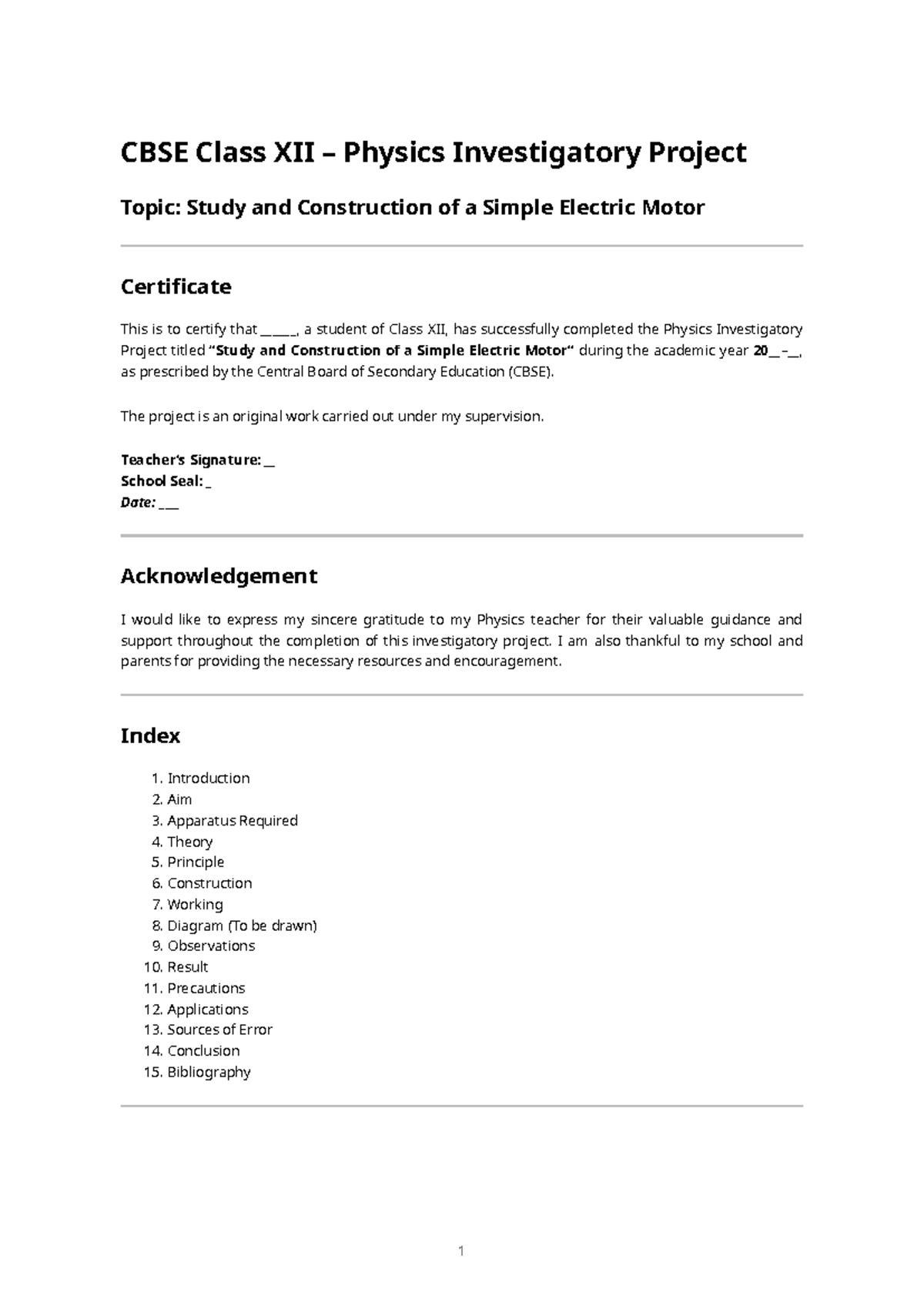 CBSE Class XII Physics Investigatory Project: Simple Electric Motor ...
