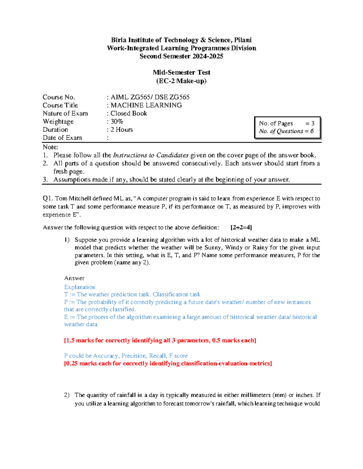 AIML DSE ZG565 Machine Learning Second Semester Test Answer Key - Studocu