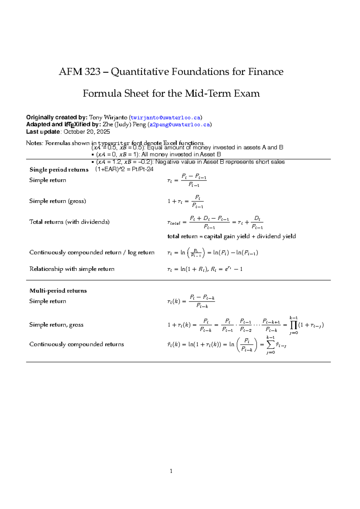AFM 323 Quantitative Foundations for Finance Exam Formula Sheet - Studocu