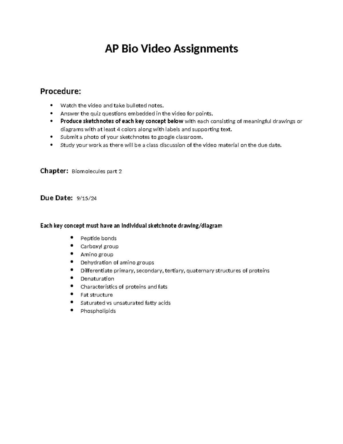 Biomolecules 2 - sda - AP Bio Video Assignments Procedure: Watch the ...