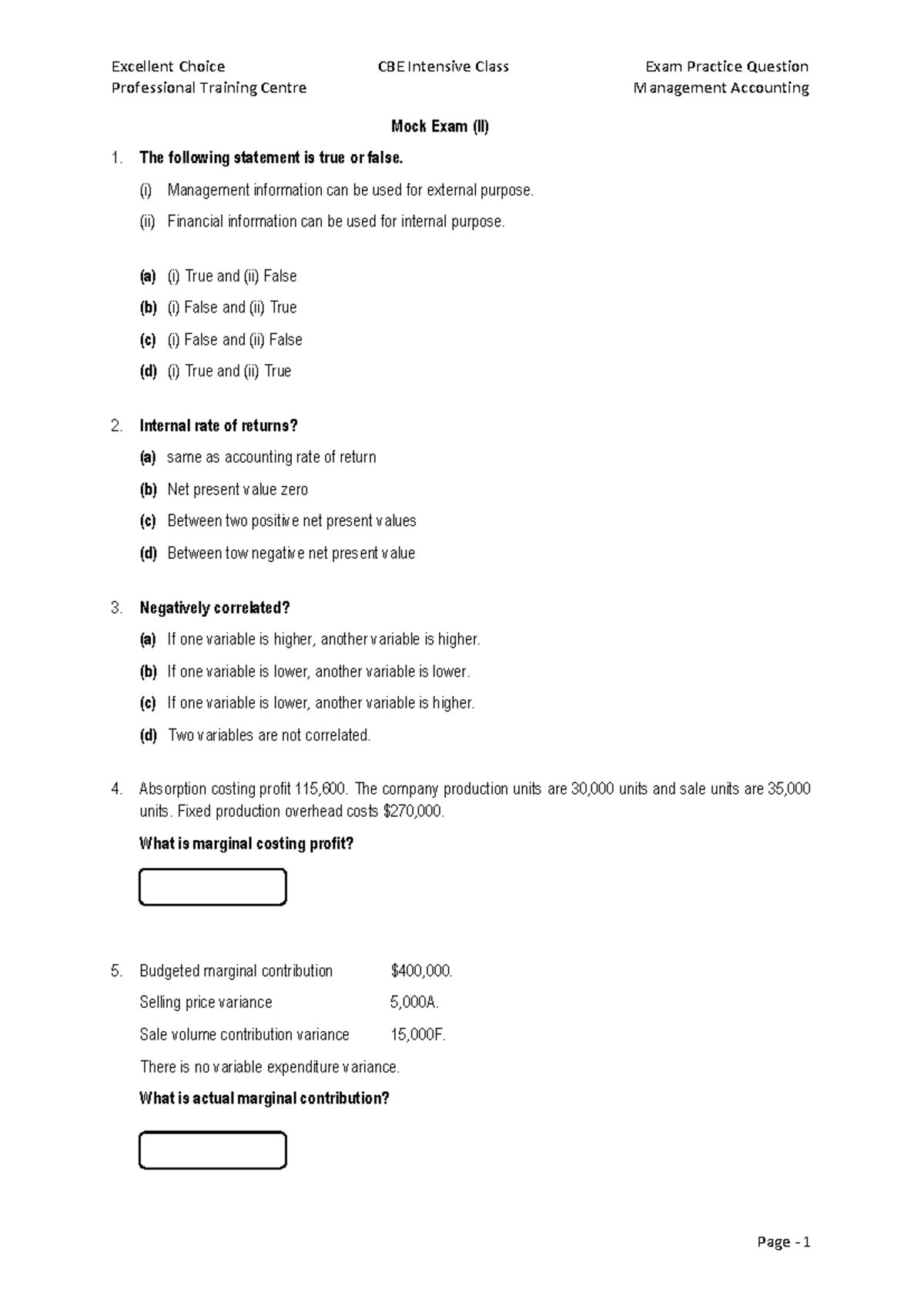 F2 MOCK 5 - Management Accounting Intensive Class Exam Practice ...