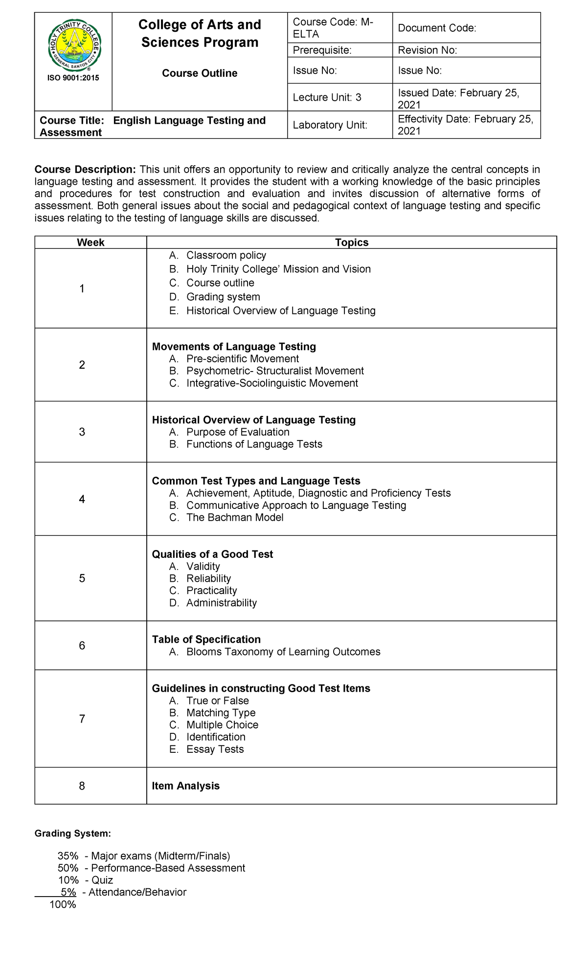 ELTA Course Outline - ISO 9001: College of Arts and Sciences Program Course Outline Course Code ...