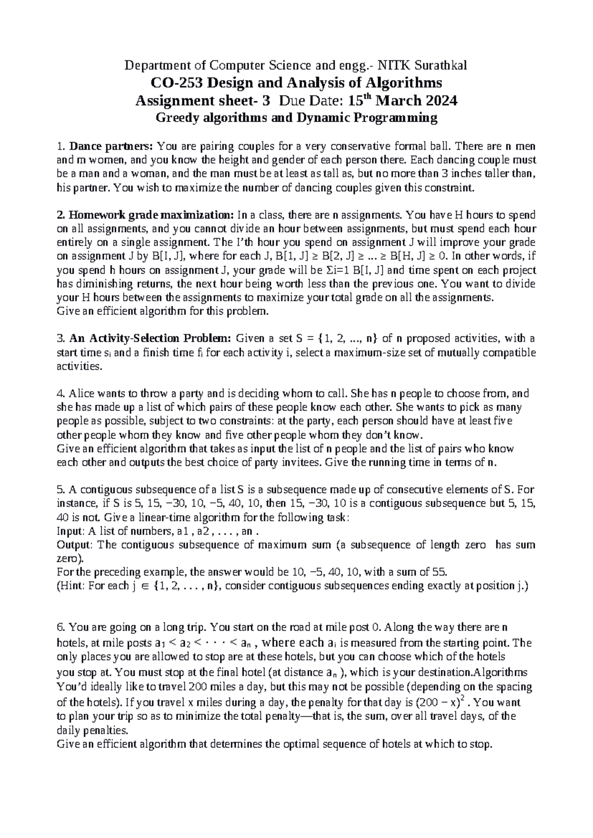 DP and Greedy Algorithms: Assignment CO-253 Exercises - Studocu