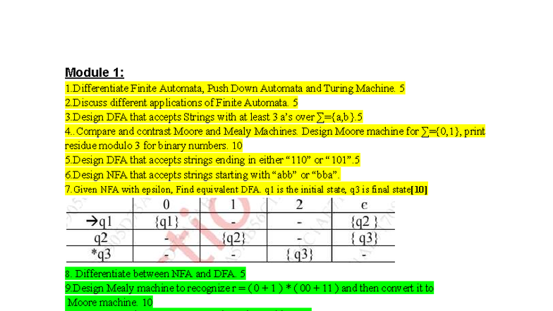 TCS PYQ Module Wise Solutions for Automata and Turing Machines - Studocu