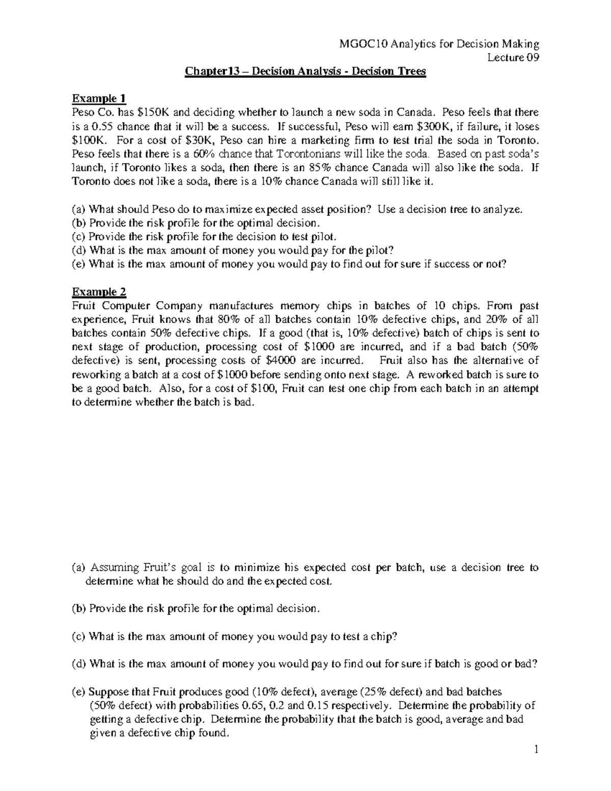 MGOC10 Lecture 09: Ch 13 - Decision Analysis & Decision Trees - Studocu