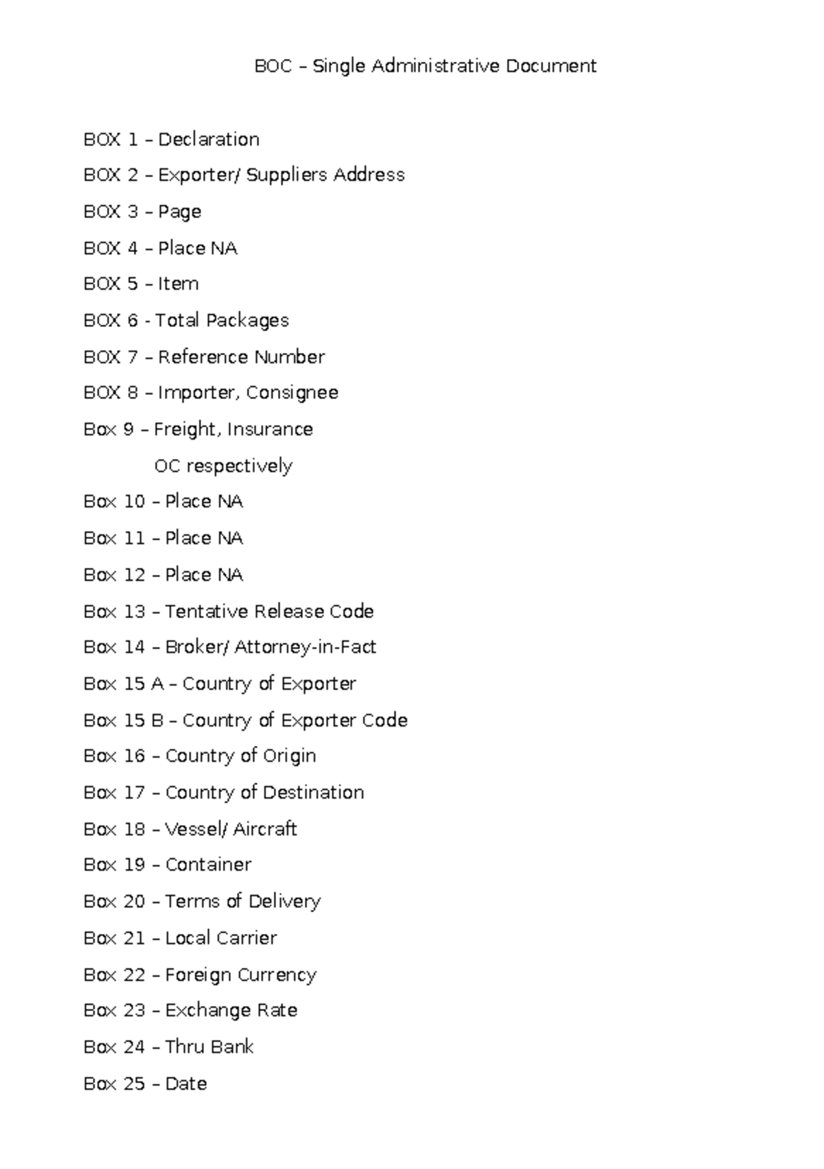 BOC - Single Administrative Document Notes - Studocu