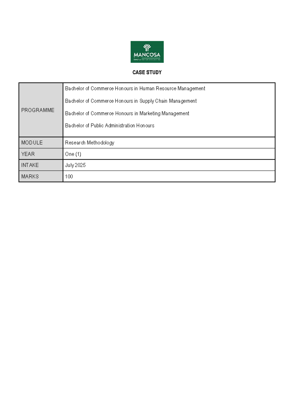 Fa1 Case Study: Research Methodology in BCom Honours (July 2025) - Studocu