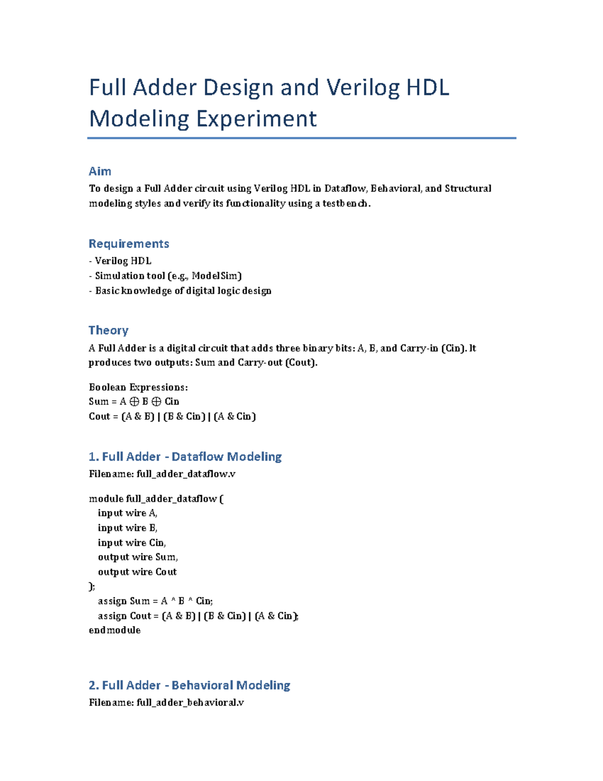 Full Adder Design & Verilog HDL Modeling Experiment (Batch 2) - Studocu