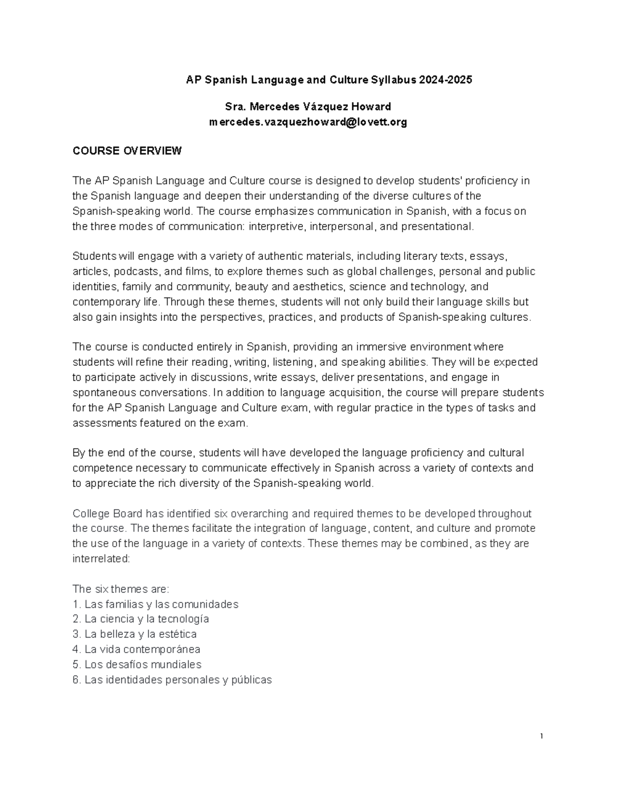 AP Español - Language & Culture Syllabus 2024 - Sra. Vázquez - Studocu