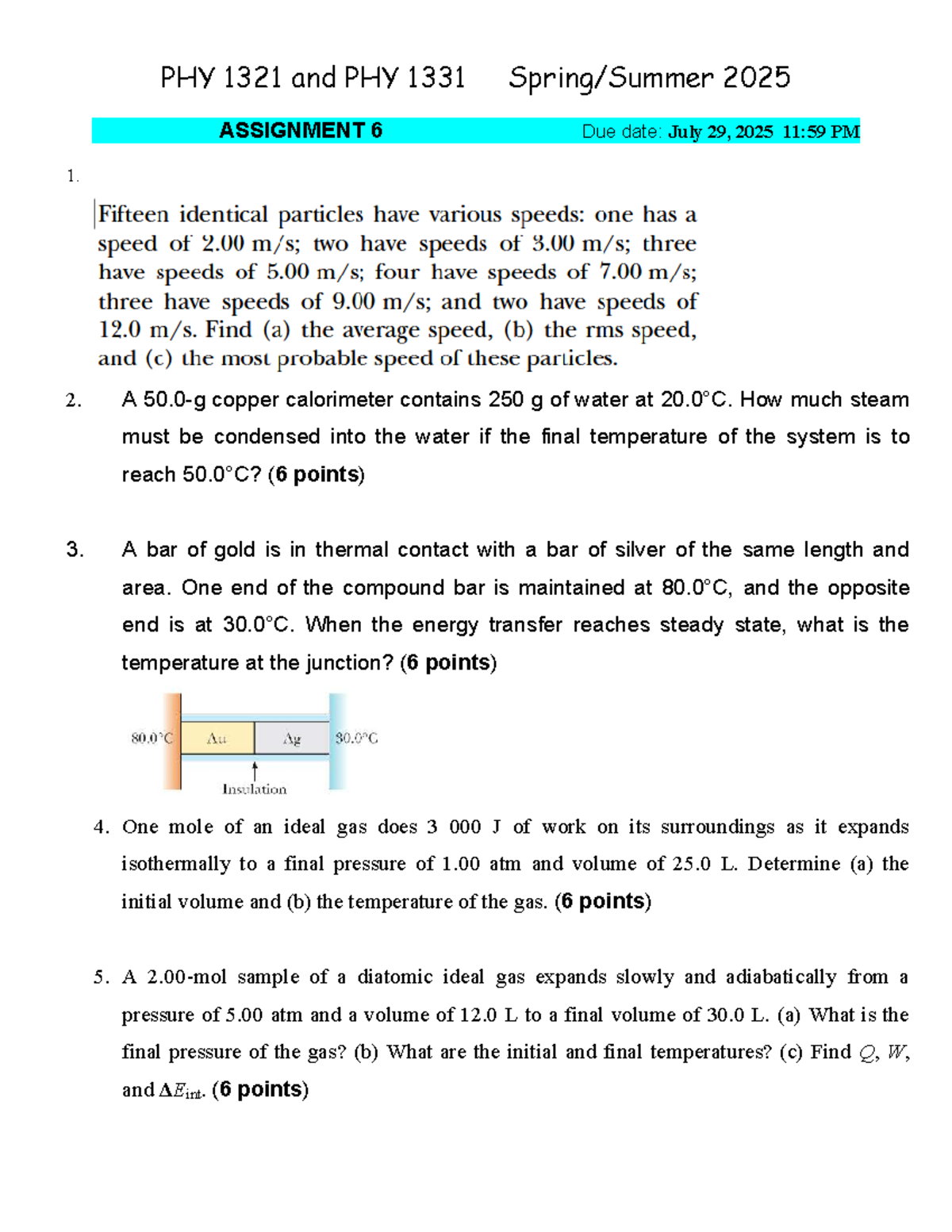 PHY 1321 & PHY 1331 Assignment 6: Thermodynamics Problems - Studocu