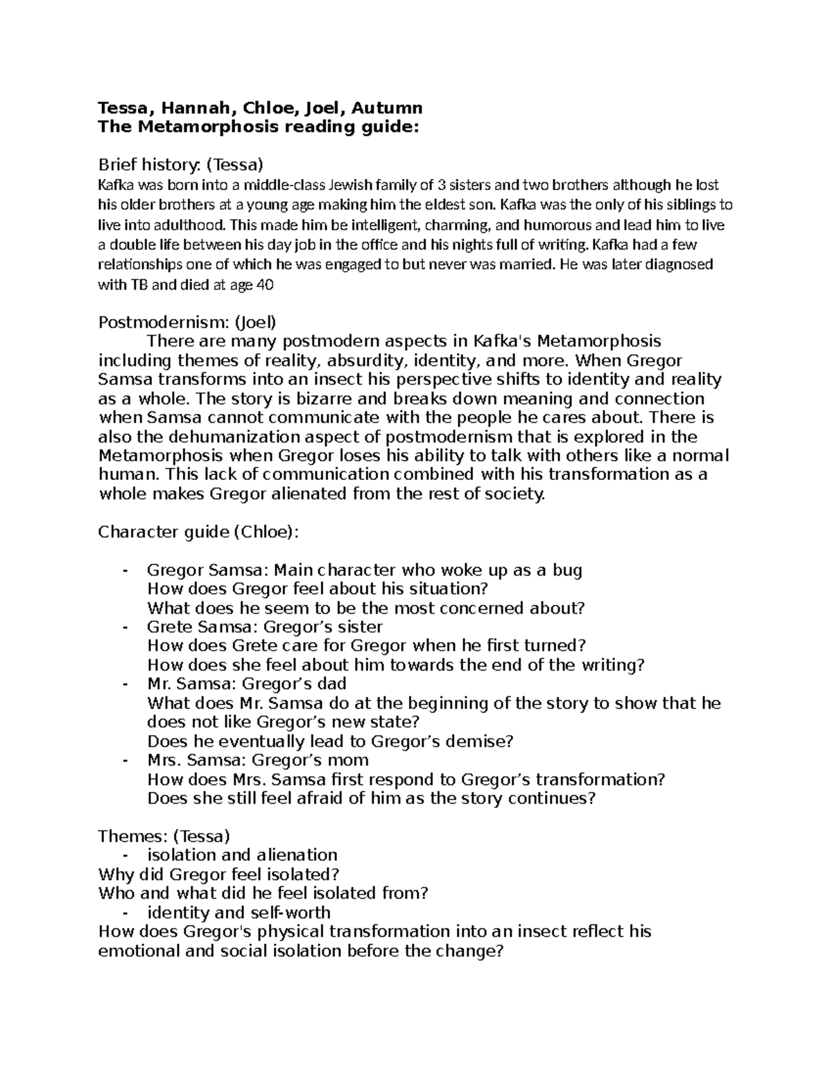 HWL Reading Guide: The Metamorphosis by Kafka - Themes & Characters ...