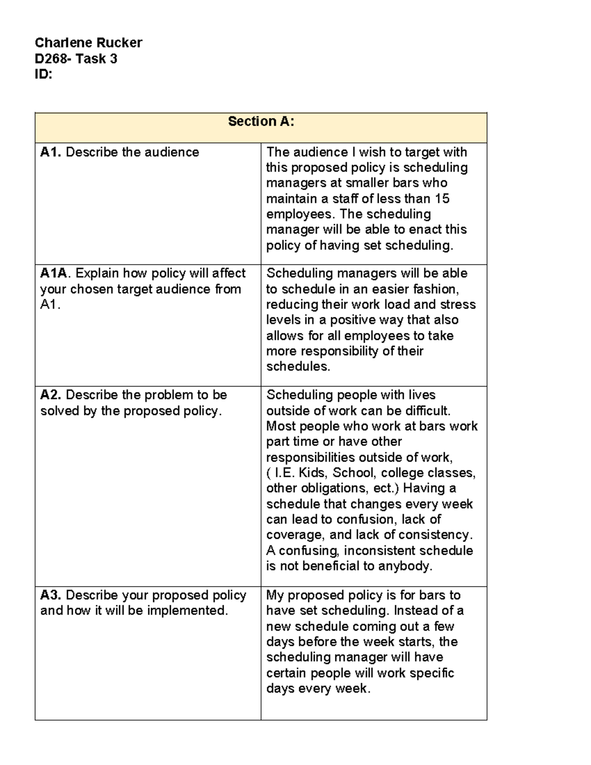 D268 - Task 3 Policy Proposal for Scheduling Managers in Bars - Studocu