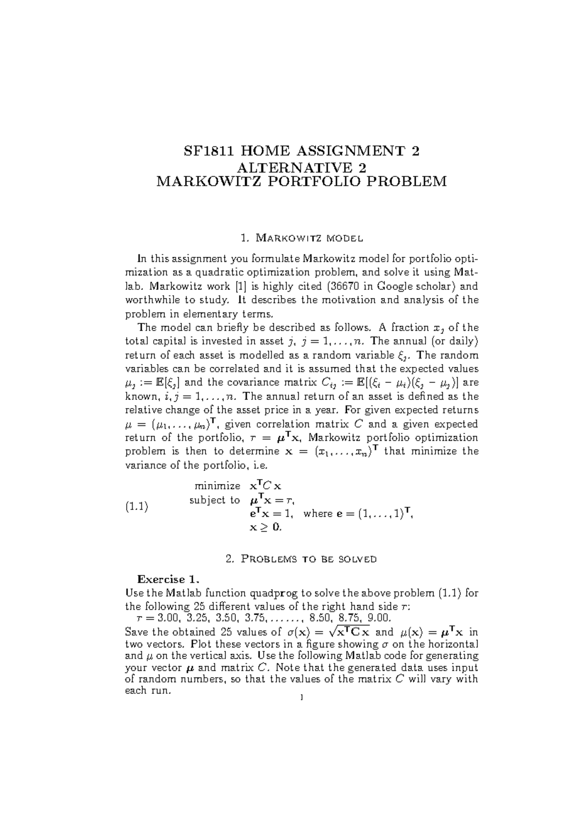 SF1811 Labb2: Markowitz Portfolio Optimization Problem Solutions - Studocu