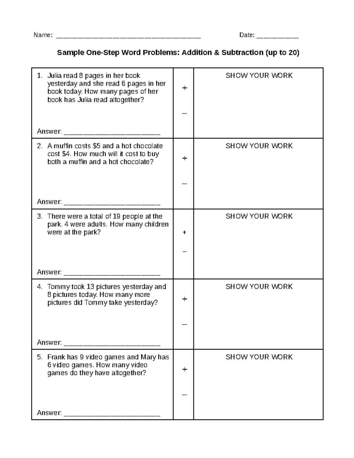 One Step Additionand Subtraction Word Problems Freebie-1 - Name: Date ...