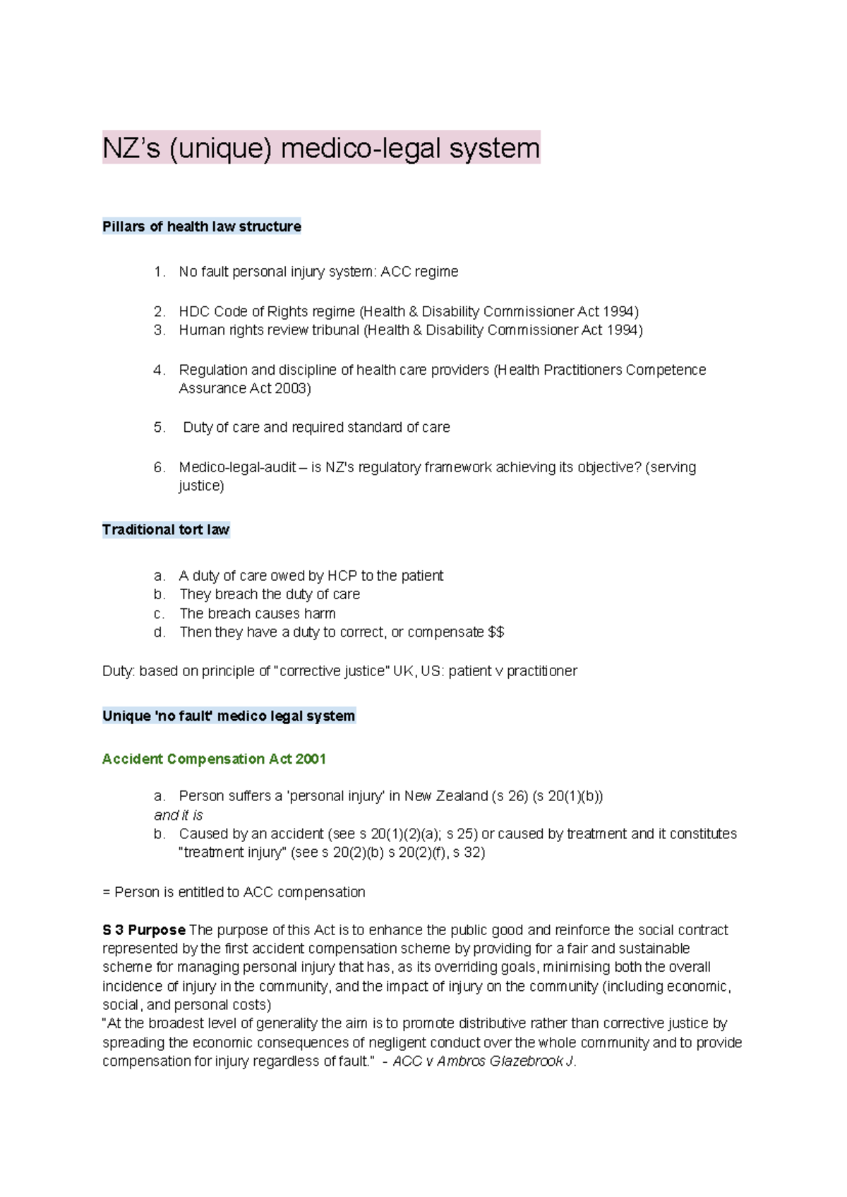 Medico-Legal System Overview: Health Law Framework & ACC Insights - Studocu