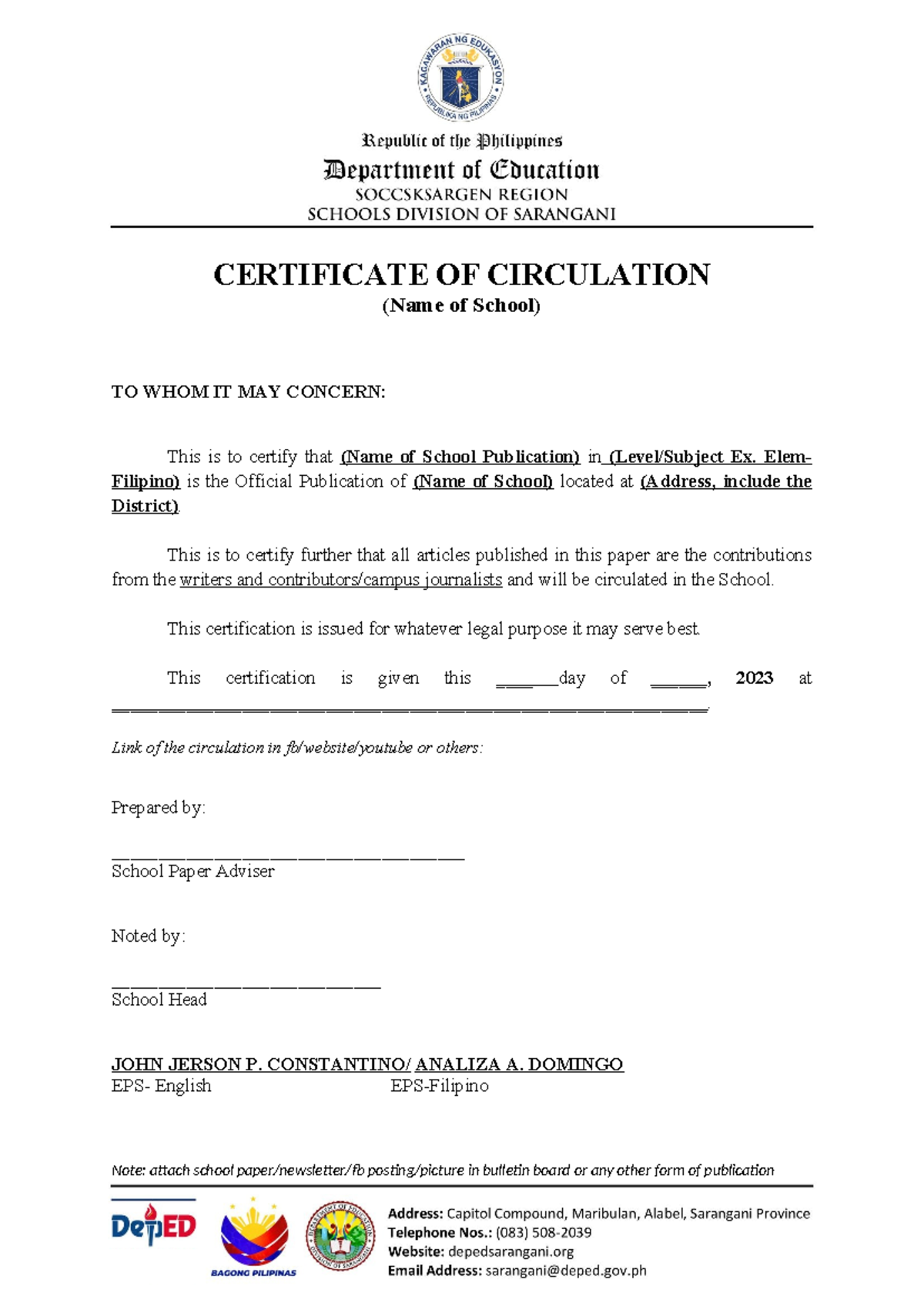 Certificate of Circulation for Official School Publication - Studocu