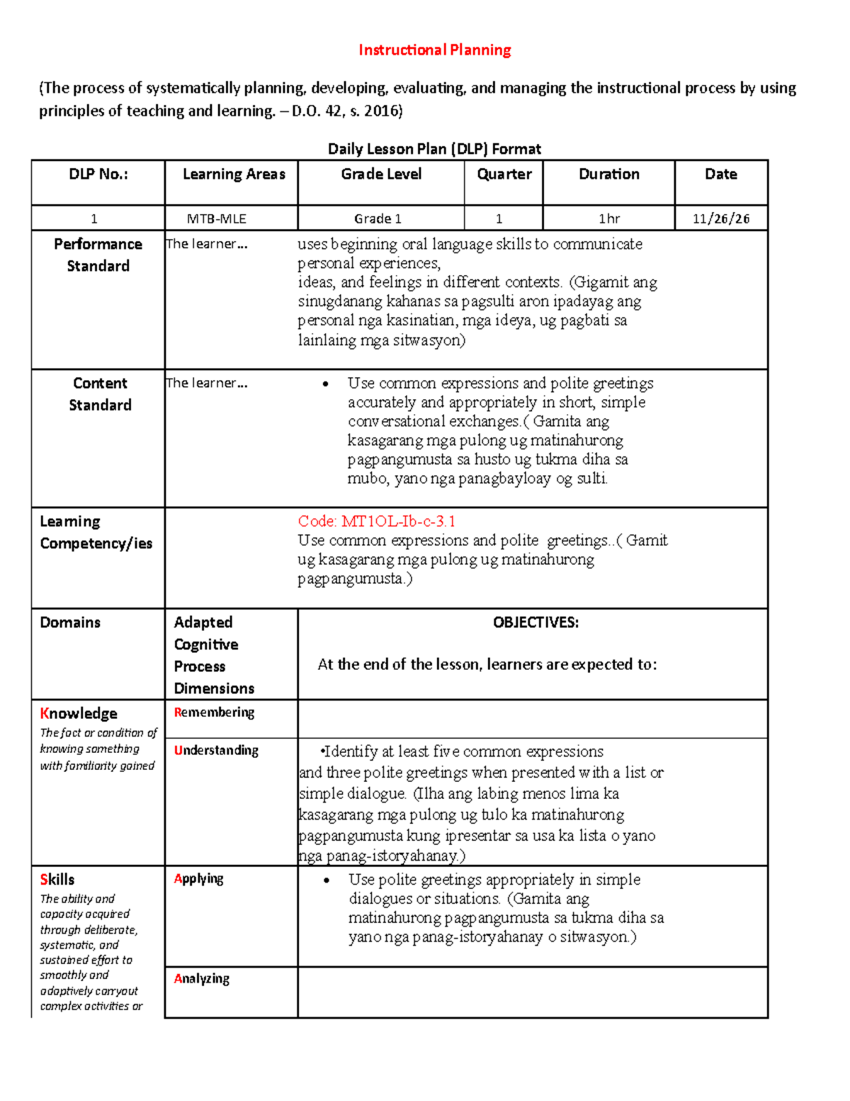 DLP Format: Daily Lesson Plan for Grade 1 - Polite Greetings and ...