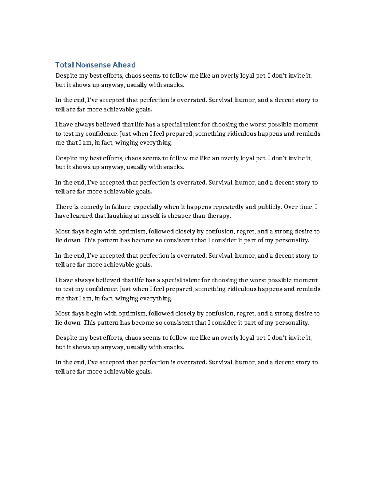 Total Nonsense Ahead: Embracing Chaos and Humor in Life - Studocu