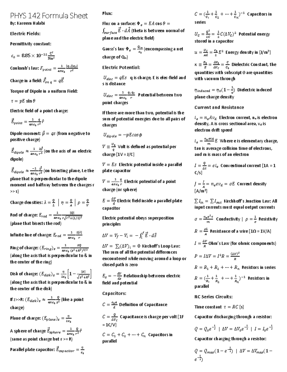 Physics 1421 - Comprehensive Formula Sheet for Electric & Magnetic ...
