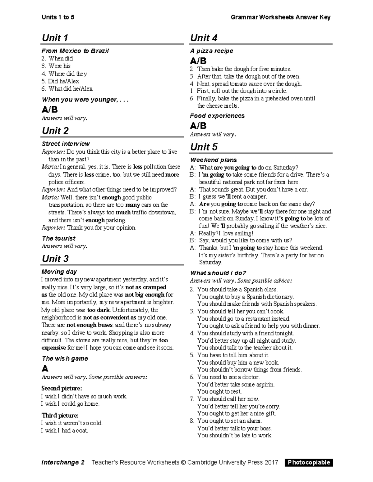 Interchange 5th Ed Level 2 Grammar Worksheets Units 1-12 Answer Key ...