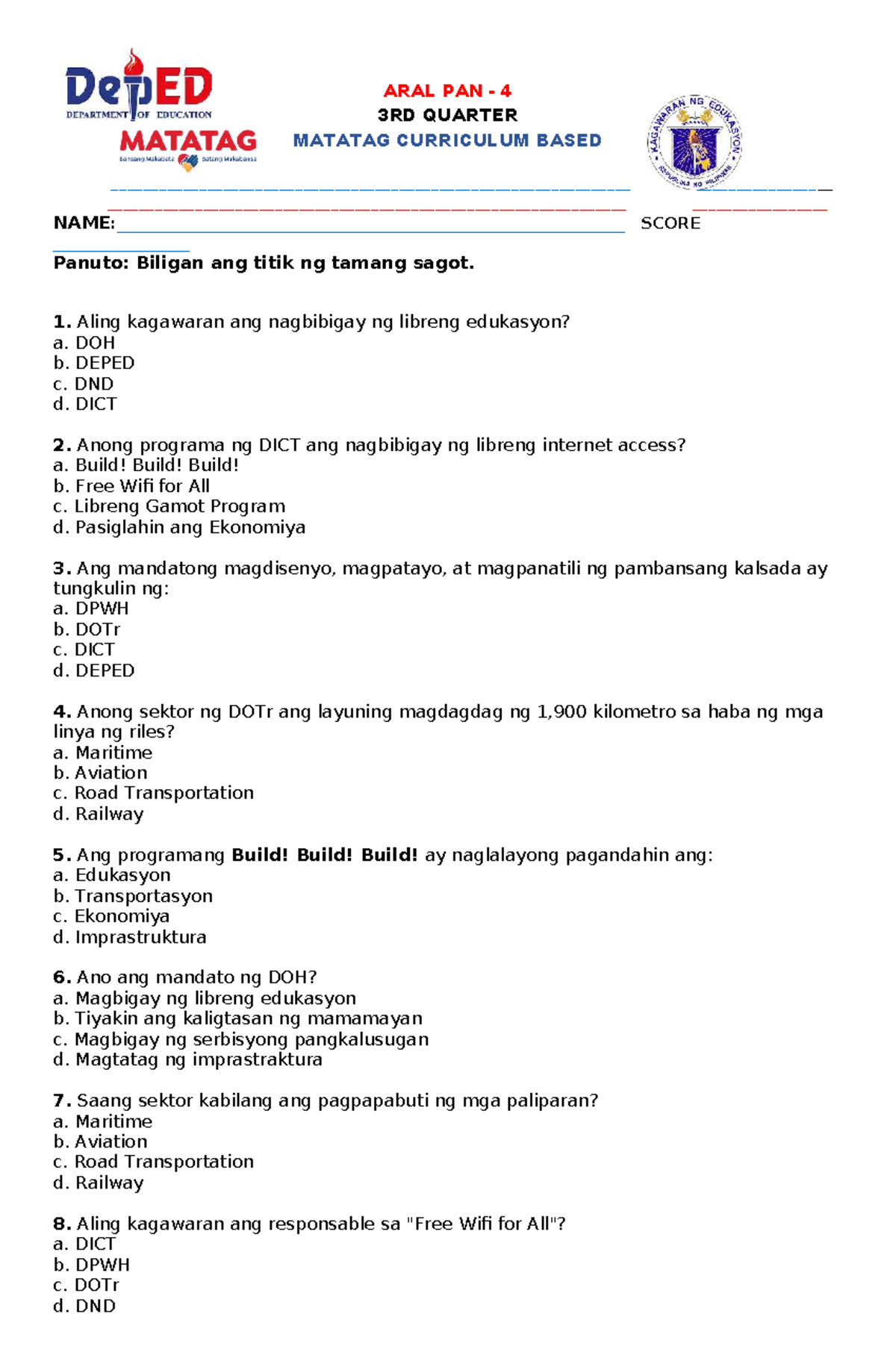 ARAL PAN 4 3RD QUARTER SUMMATIVE TEST & LESSON PLAN - Studocu