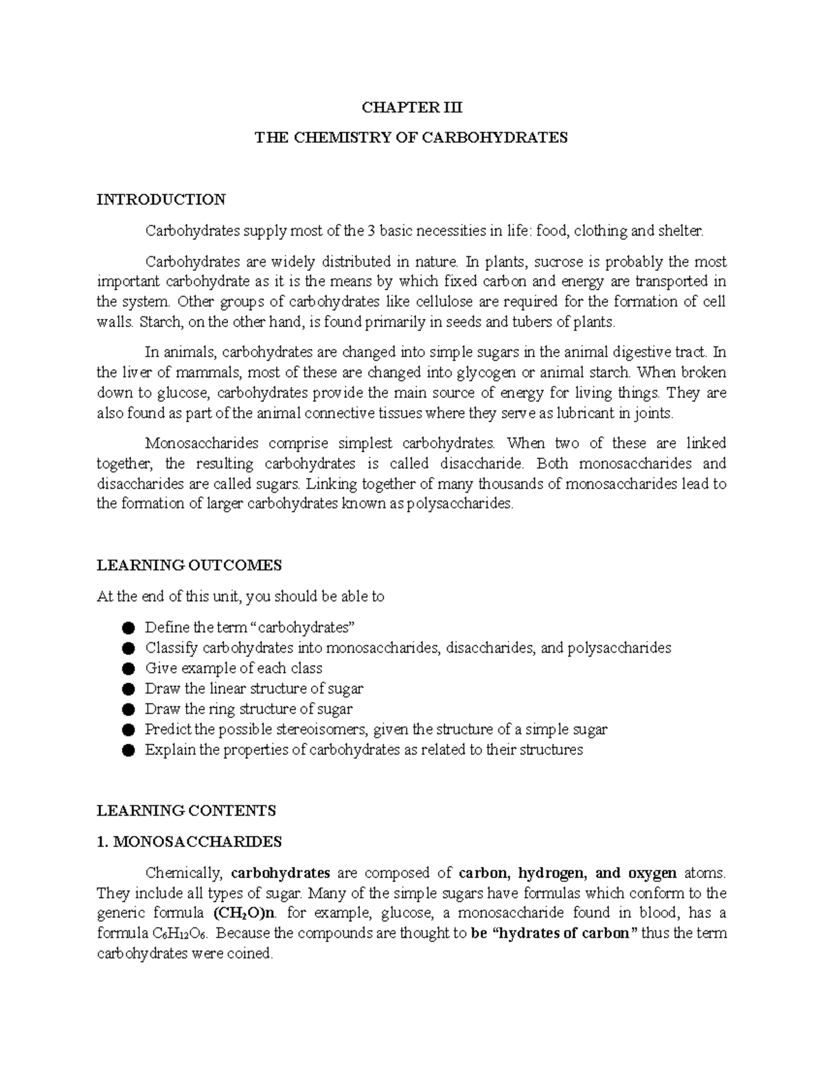 Module 3. Carbohydrates ed - CHAPTER III THE CHEMISTRY OF CARBOHYDRATES ...