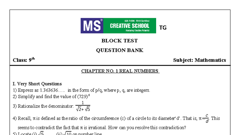 Class 9th Mathematics Block Test Question Bank: Real Numbers to ...