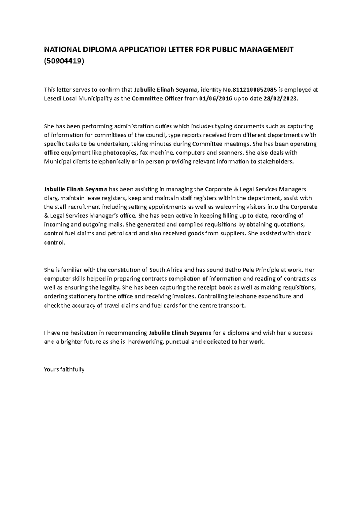 National Diploma Application Letter FOR Public Management - NATIONAL ...